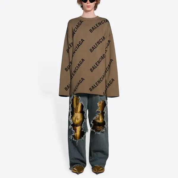 Balenciaga All Over Logo Crewneck Wool Knit Sweater - Light Brown