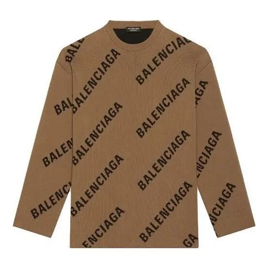 Balenciaga All Over Logo Crewneck Wool Knit Sweater - Light Brown