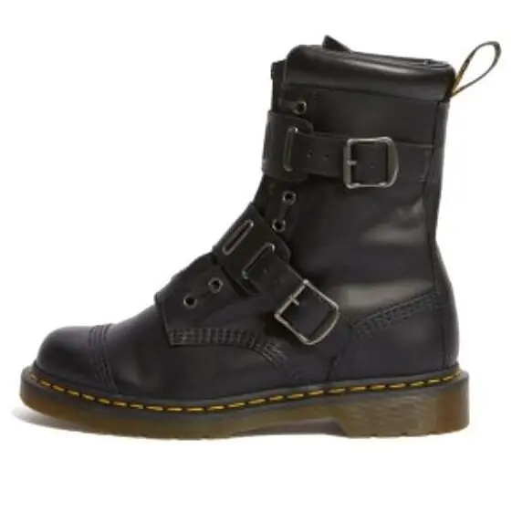 Dr. Martens Quynn Smooth Leather Buckle Lace Up Boots - Black