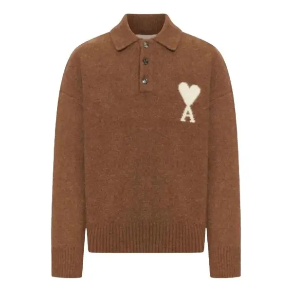 AMI Paris Big Heart Logo Polo Sweater - Brown/white