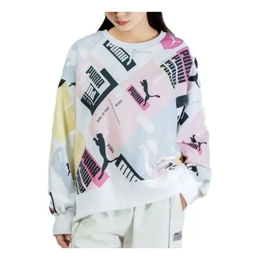 PUMA Full Print Logo Colorblock Loose Round Neck Pullover Hoodie - White