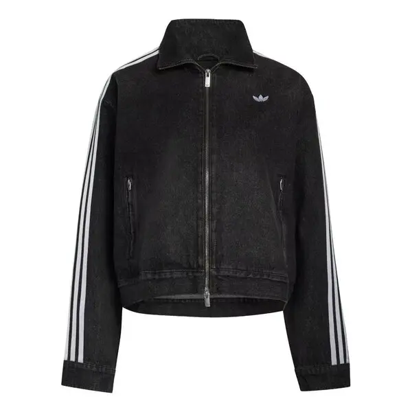 Adidas Originals Denim Jacket With Sporty Stripes And Lace-up Detail - Black