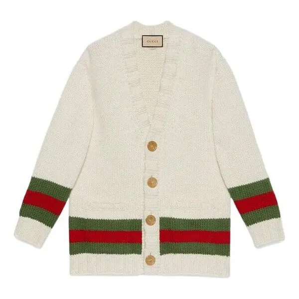 Gucci Wool Cardigan With Web Stripes - Beige