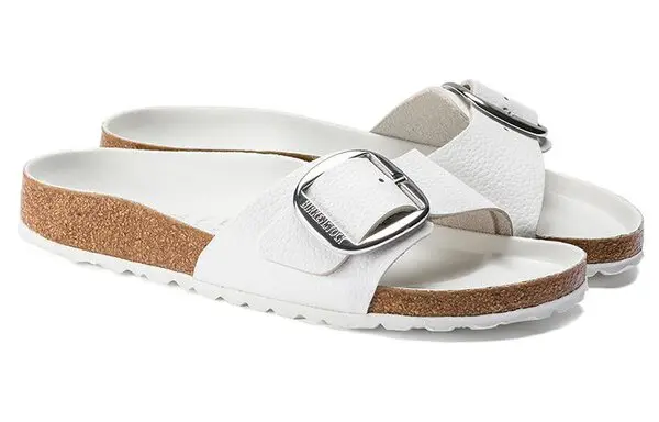 BIRKENSTOCK Madrid Big Buckle Leather Slide Sandals - White/silver