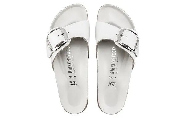 BIRKENSTOCK Madrid Big Buckle Leather Slide Sandals - White/silver