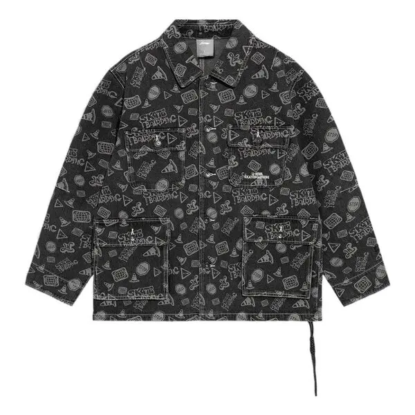 LI-NING Full Print Washed Denim Jacket - Black/grey