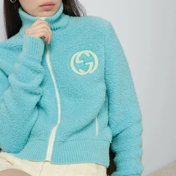 Gucci Interlocking G Extrafine Wool Zip Up Cardigan - Light Blue