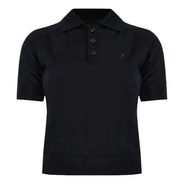 AMI Paris Merino Knit Wool Short Sleeve Polo With Tone-on-tone Heart Logo - Black