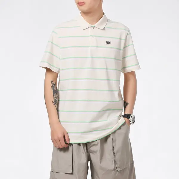 PUMA Downtown Stripe Polo Tee Shirt 'beige - Beige/green