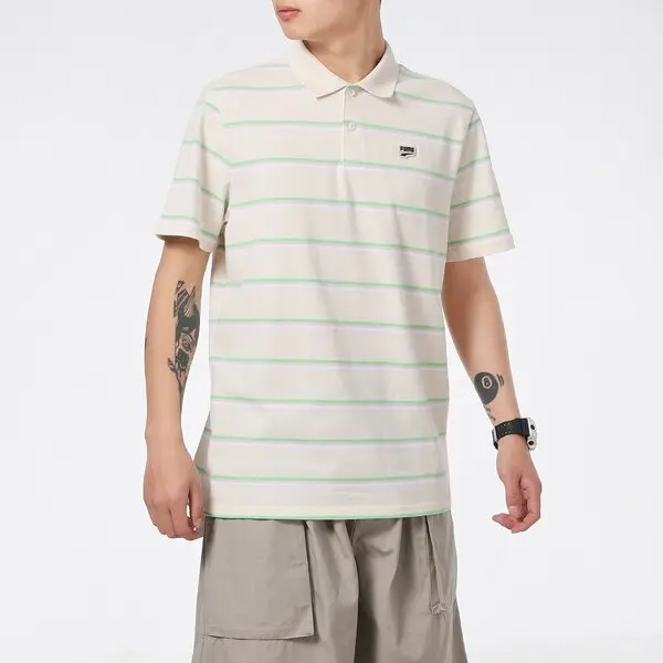 PUMA Downtown Stripe Polo Tee Shirt 'beige - Beige/green