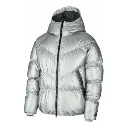 Nike Metallic Hooded With Down Feather Jacket - Silver