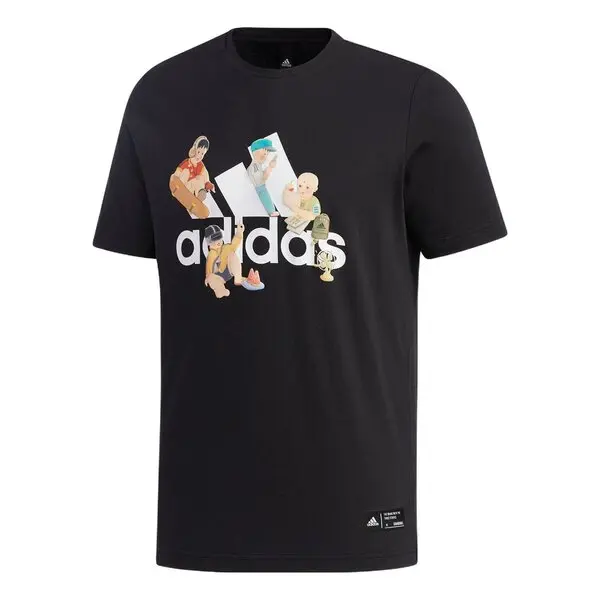 Adidas Cartoon Alphabet Logo Printing Round Neck Short Sleeve Black T-shirt - Default Color