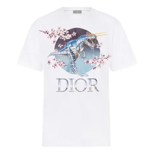 Dior X Sorayama Crossover Sakura Dragon Printing Short Sleeve T-shirt - White