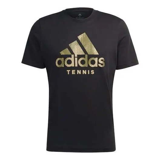 Adidas Camouflage Logo Printing Tennis Sports Round Neck Short Sleeve Black T-shirt - Multi-color