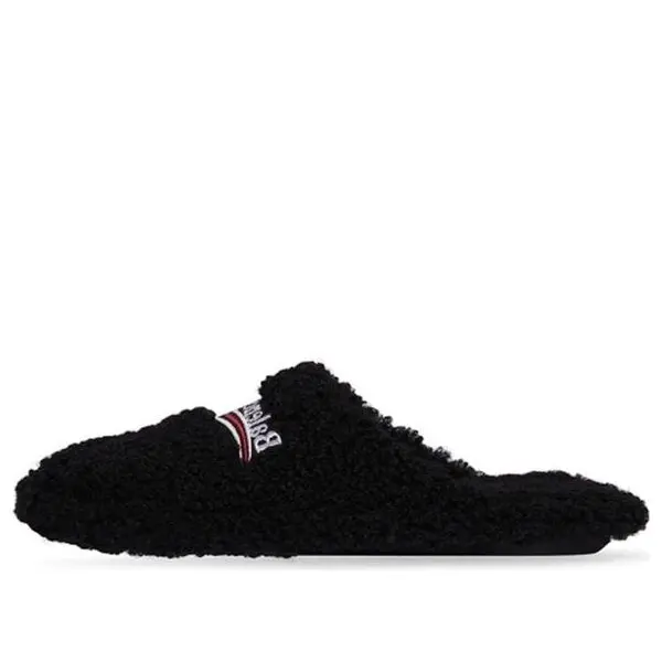Balenciaga Furry Slides With Logo Detailing - Black