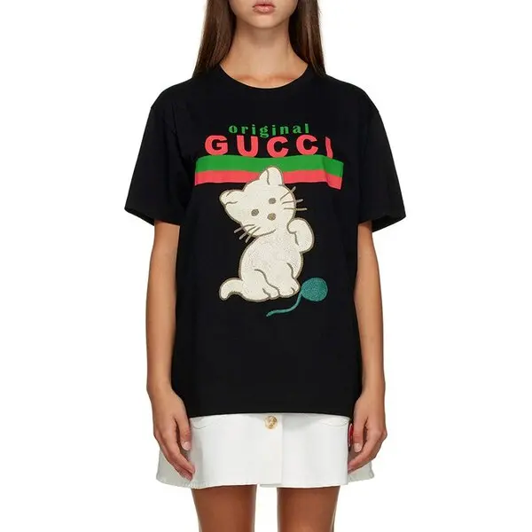 Gucci Cat Alphabet Cartoon Round Neck Pullover Short Sleeve