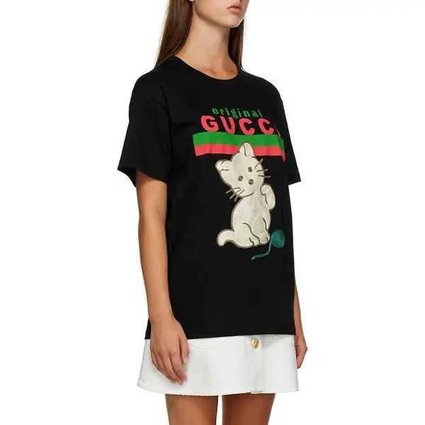 Gucci Cat Alphabet Cartoon Round Neck Pullover Short Sleeve
