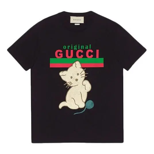 Gucci Cat Alphabet Cartoon Round Neck Pullover Short Sleeve - Black