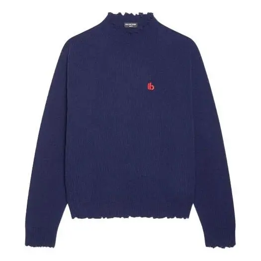 Balenciaga Double B Highneck Wool Knit Sweater - Blue