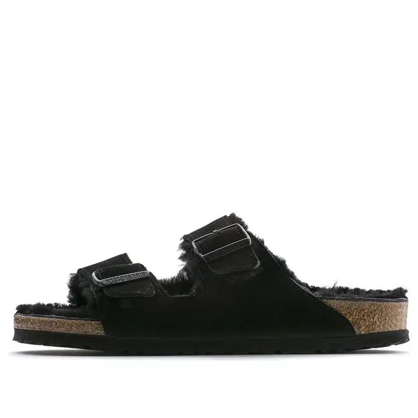 BIRKENSTOCK Arizona Shearling Suede Leather Slides - Black