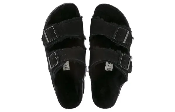 BIRKENSTOCK Arizona Shearling Suede Leather Slides - Black