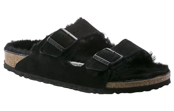 BIRKENSTOCK Arizona Shearling Suede Leather Slides - Black