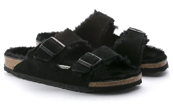 BIRKENSTOCK Arizona Shearling Suede Leather Slides - Black
