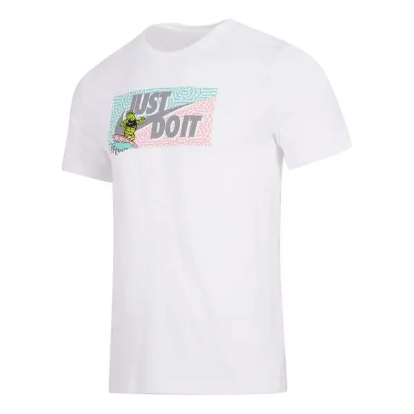 Nike Square Brand Logo Cartoon Printing Round Neck Casual Short Sleeve White T-shirt - Multi-color