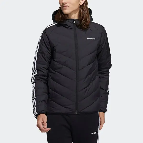 Adidas Neo Quilted Hooded Down Jacket With Logo And Striped Sleeves - Default Color
