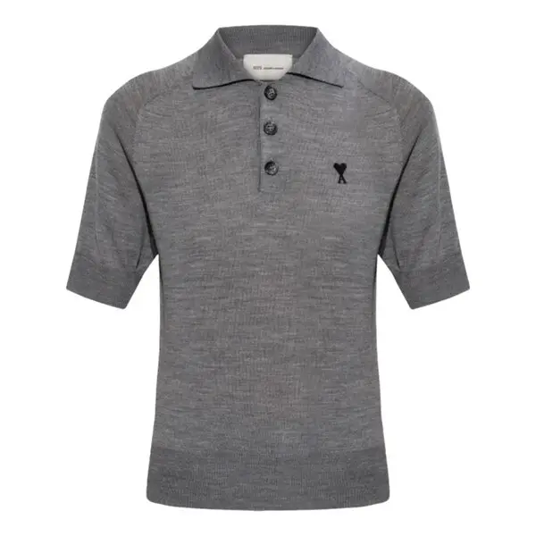 AMI Paris Merino Knit Wool Short Sleeve Polo With Heart Logo - Grey/black