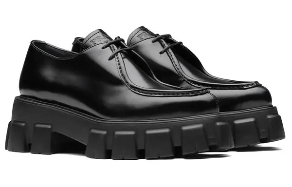 Prada Monolith Pattern Calf Pointy Derby Shoes - Black