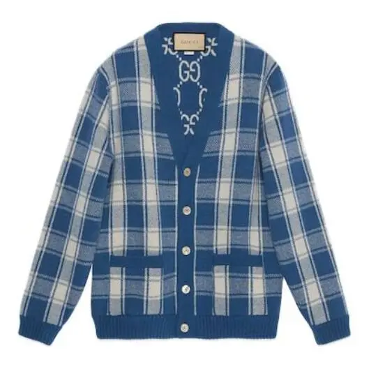 Gucci Reversible Checked Wool Cardigan - Blue/ivory