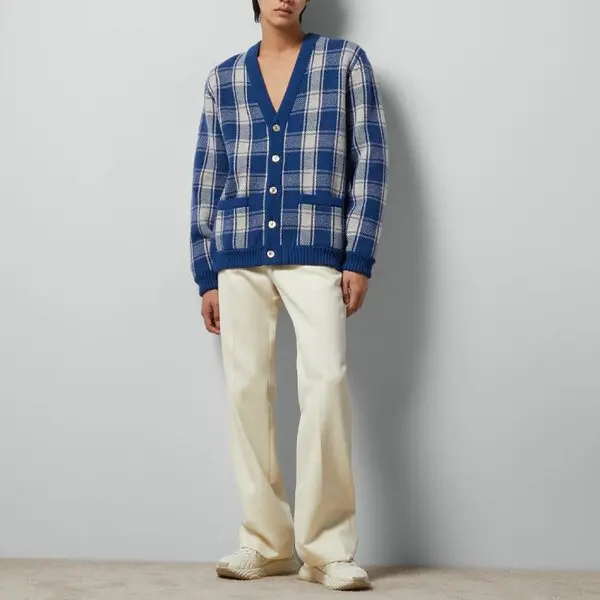 Gucci Reversible Checked Wool Cardigan - Blue/ivory