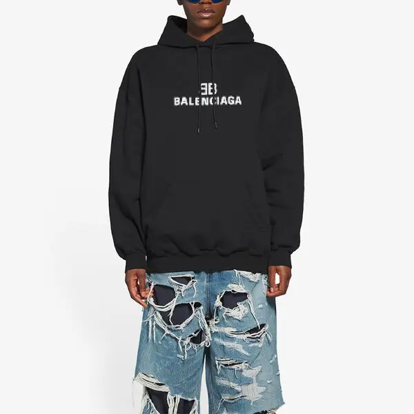 Balenciaga Bb Pixel Fleece Drawstring Hoodie - Black