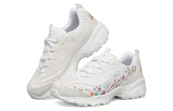 Sketchers D'lites 1.0 Low Top Sneakers With Floral Embroidery - White