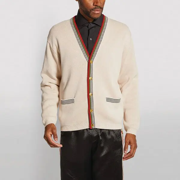 Gucci V-neck Cotton Cardigan With Striped Trim