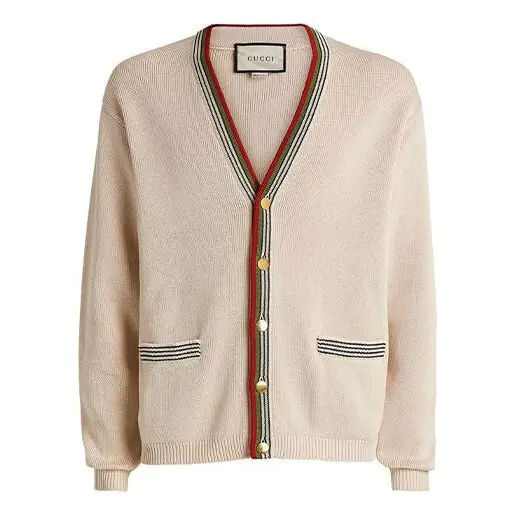 Gucci V-neck Cotton Cardigan With Striped Trim - Beige