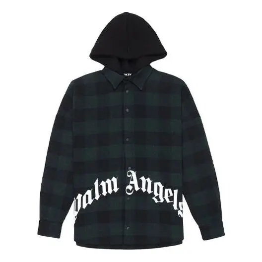 Palm Angels Logo Print Hooded Overshirt Green - Dark Green