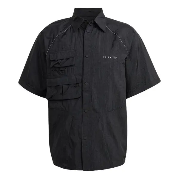 Adidas Originals Solid Color Lapel Short Sleeve Black Shirt