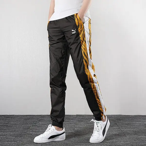 PUMA Leopard Print Splicing Running Sports Woven Long Pants Black