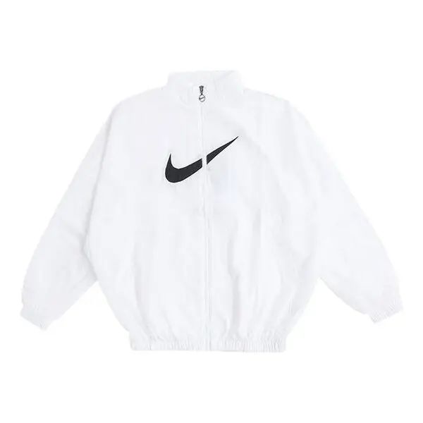 Nike Ss22 Sportswear Essential Logo Pattern Wrinkled Woven Loose Stand Collar Jacket White - Default Color