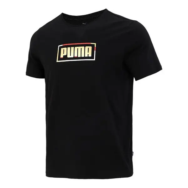 PUMA Contrasting Colors Logo Printing Round Neck Short Sleeve - Black