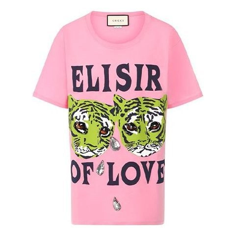 Gucci Cotton Tiger Print Short Sleeve T-shirt - Pink