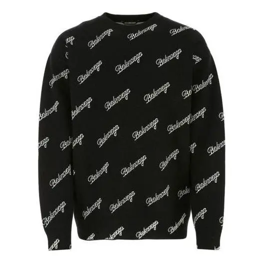 Balenciaga All Over Script Logo Knit Sweater - Black