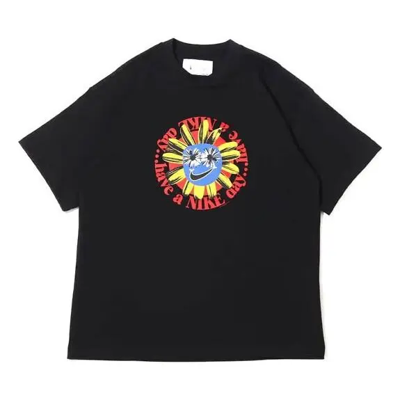 Nike Smile Flower Logo Pattern Printing Round Neck Short Sleeve Black T-shirt - Multi-color