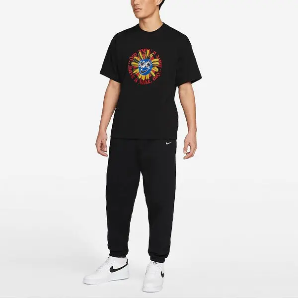Nike Smile Flower Logo Pattern Printing Round Neck Short Sleeve Black T-shirt - Multi-color