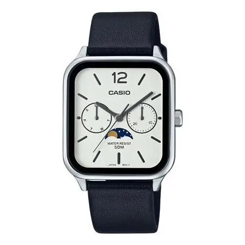 Casio Analog Watch With Leather Strap - Black/ivory/silver