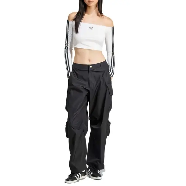 Adidas Adicolor Off Shoulder Long Sleeve Cropped Top - White/black