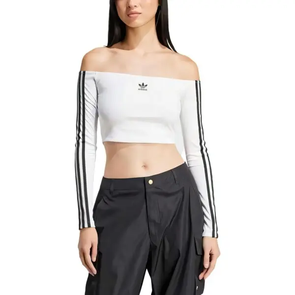 Adidas Adicolor Off Shoulder Long Sleeve Cropped Top - White/black