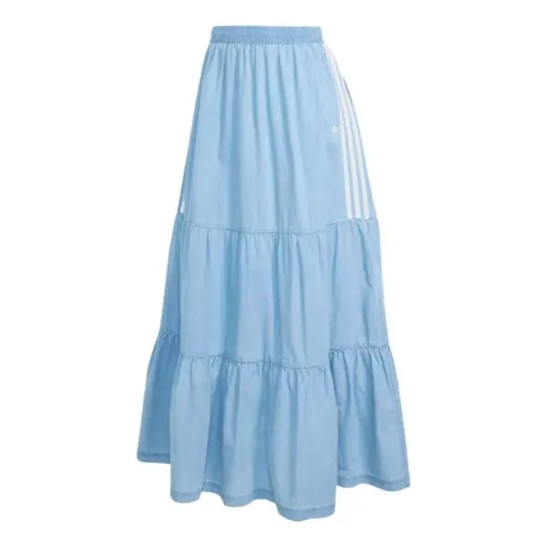 Adidas Tiered Maxi Skirt With Signature Stripes - Light Denim
